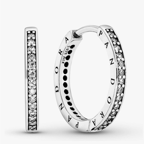 Pandora | Jewelry | Pandora Sparkle Logo Hoop Hinge Earrings | Poshmark